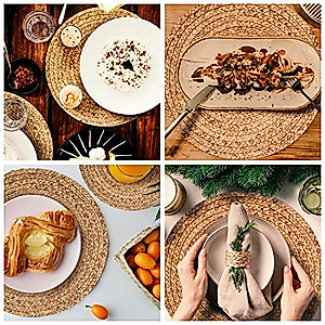 Haxhut Round Woven Placemats - Natural Placemats Set of 6, Straw Braided Rattan Placemats, 13.5 Inches, Non-Slip, Heat Resistant, Hand Woven Chargers for Dining Table (Pack of 6)