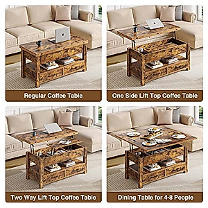 Rolanstar Coffee Table Lift Top, Multi-Function Convertible Coffee Table with Drawers and Hidden Compartment, Coffee Table Converts to Dining Table for Living Room, Home Office, Rustic Brown