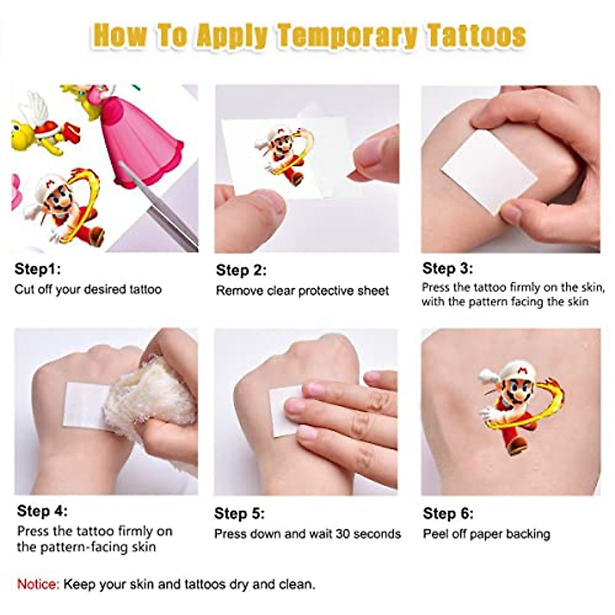 8 Sheets Temporary Tattoos Stickers For Mario, Mario Birthday Party Supplies Decorations Party Favors, Gifts for Boys Girls School Classroom Rewards