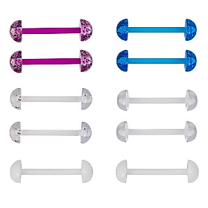 CrazyPiercing 5Pair Acrylic Tongue Rings 14G Flexible Glitter Half Ball Tongue Barbell Retainer Body Piercing Jewelry Bar Length 16mm