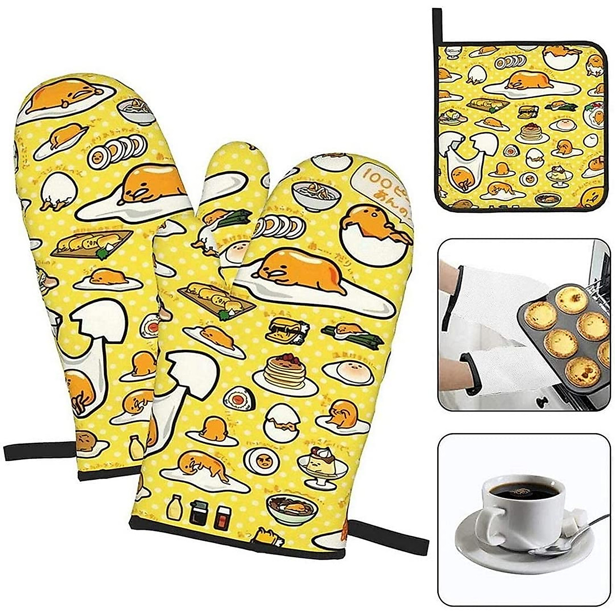 JKKL Gudetama Pattern，3pcs Oven Mitts and Pot Holders for Kitchen,Cooking,Baking,Grilling,BBQ