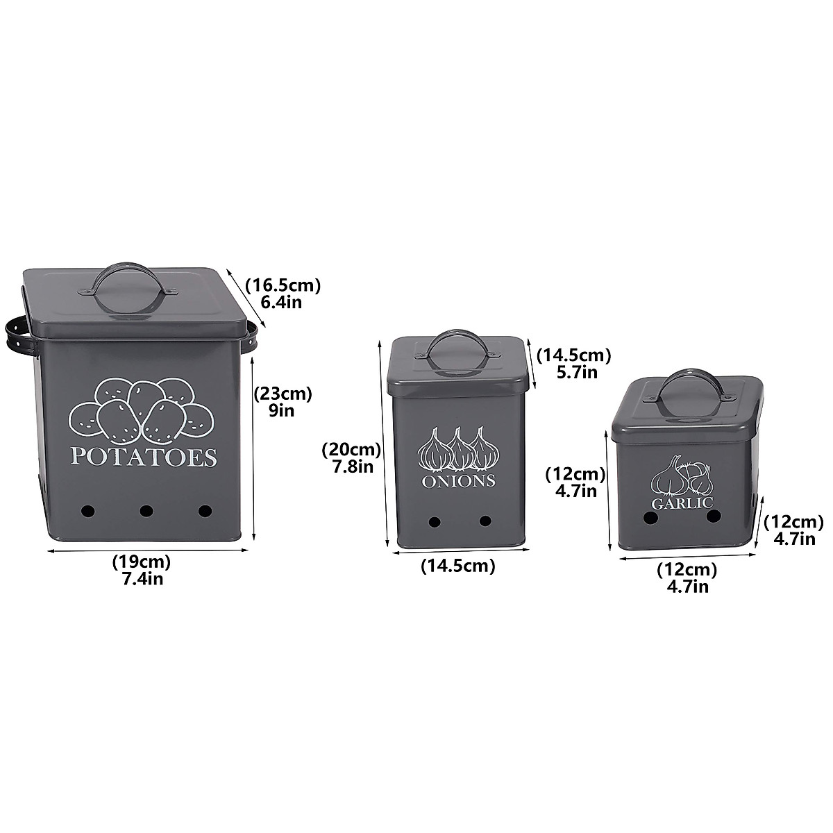 Xbopetda Food Storage Container for Potato, Onion and Garlic, Canister Sets for Kitchen Counter, Square Vegeatable Storage Pots, Kitchen Storage Jars with Aerating Tin Storage Holes & Lid-Gray