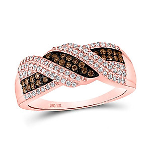 The Diamond Deal 10kt Rose Gold Womens Round Brown Diamond Crossover Band Ring 3/8 Cttw