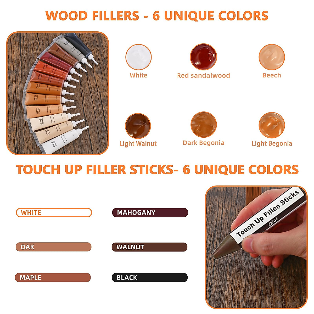 Furniture Repair Kit,12 Colors Wood Filler Sticks -Repair Scratch, Cracks, Hole, Restofinisher Wooden Door, Floor, Table, Cabinet -Restore Any Wood, Oak, Walnut