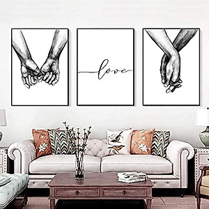 16"x20" Love and Hand in Hand Wall Art Canvas Print Poster,Simple Fashion Black and White Couples Love Hands Sketch Art Line Drawing Decor for Home Living Room Bedroom Office(Set of 3 Unframed)