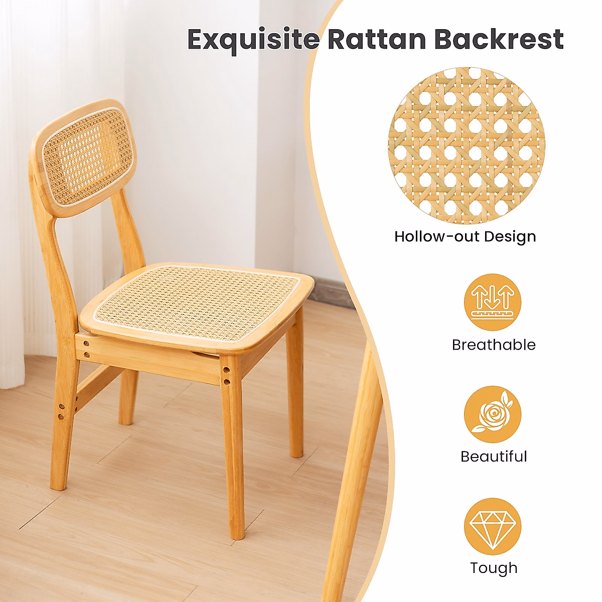 Giantex Rattan Dining Chairs Set of 2, Boho Cane Kitchen Chairs, Max Load 300 Lbs, Bamboo Armless Dining Room Chairs