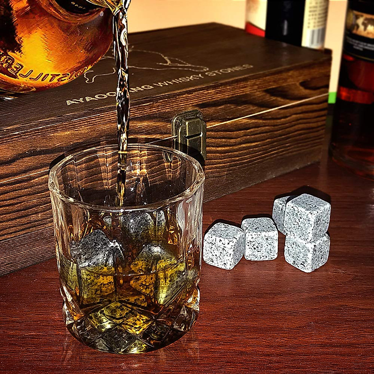 Whiskey Stones Glass Gift Set,16 Granite Whiskey Rocks,2 Crystal Whiskey Glasses & Velvet Bag Granite Chilling Rocks in Premium Wooden Box,Best Drinking Gifts for Men Dad Husband Birthday Party