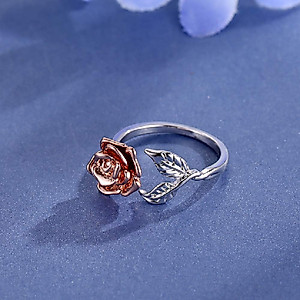 Womens Rose Flower Ring Leaf Adjustable Wrap Open Rings, Color Rose Gold/Silver