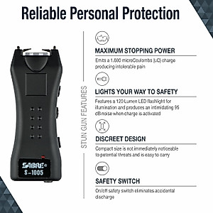 SABRE Stun Gun with Flashlight and Belt Holster, Emits 1.60 Powerful Pain Inducing Microcoulombs (µC) Charge, 120 Lumen LED Flashlight, Rubberized Grip, Compact Design, Rechargeable