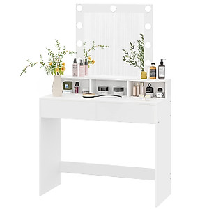 Reettic Vanity Table with Lighted Mirror, Makeup Vanity Desk Set with 2 Storage Drawers, Wooden Bedroom Dressing Table, 9 Lights & Adjustable Brightness, for Women, Mother, Wife, White RSZT101W
