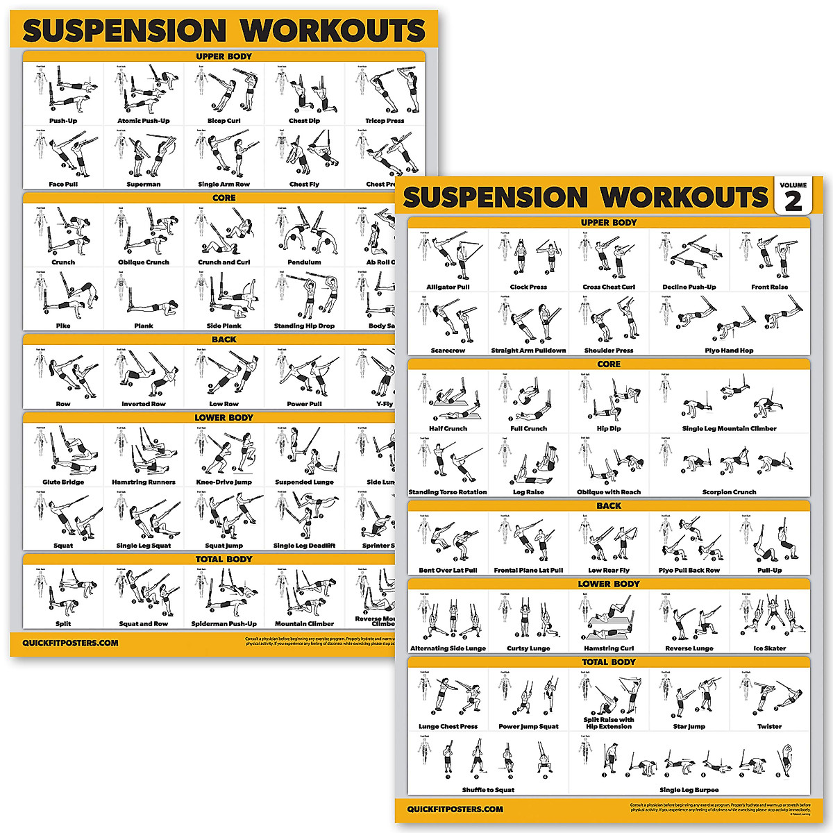 QuickFit 2 Pack Suspension Workout Posters - Volume 1 & 2 - LAMINATED Exercise Charts - 18" x 24" Vol. 1 & 2