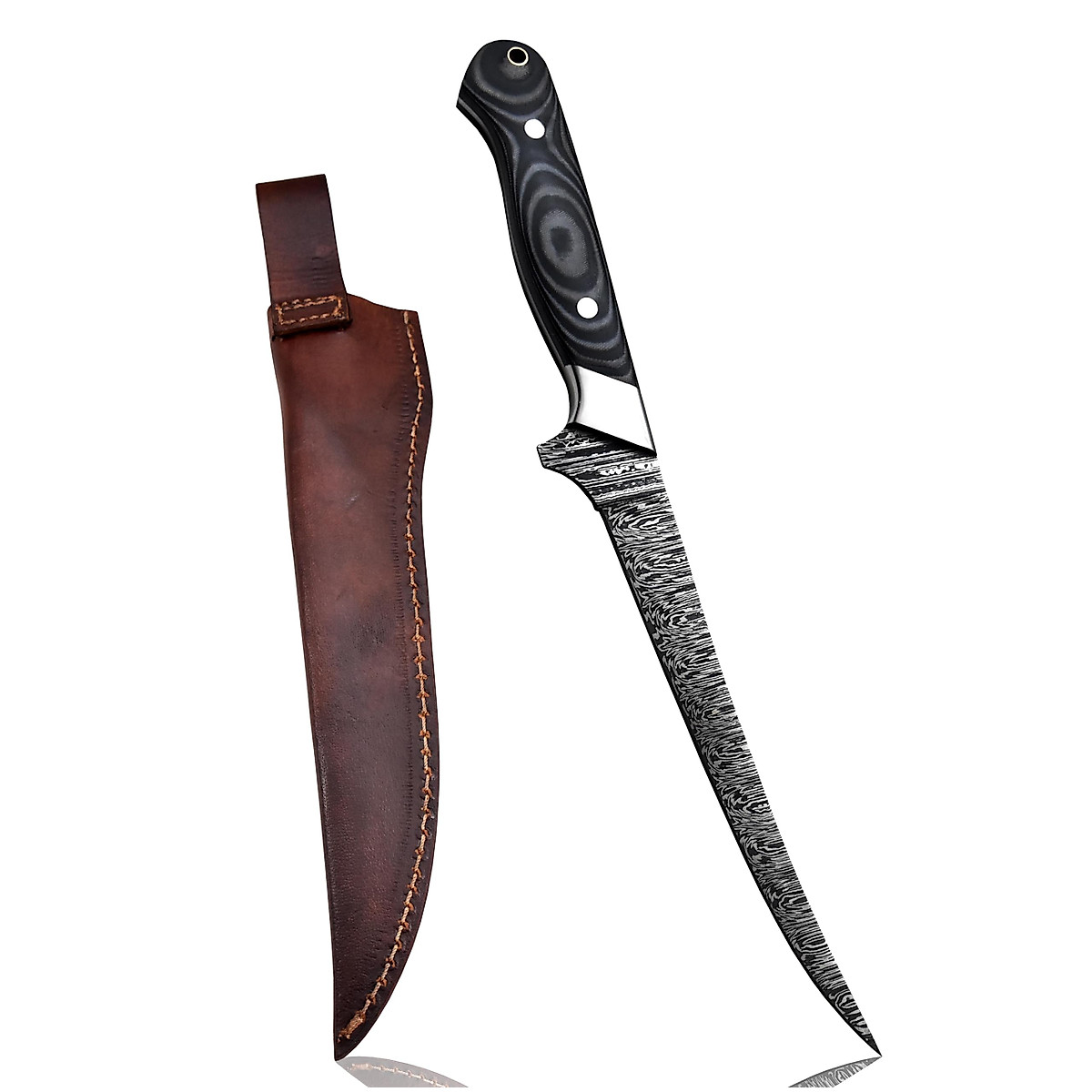 Hercules Knives Custom Hand Forged Damascus Steel Fillet Knife Fisherman's Filet G-10 Micarta Handlle Leather Sheath Fixed Blade Handmade Knife Ultra Sharp Edge(Damascus Steel)