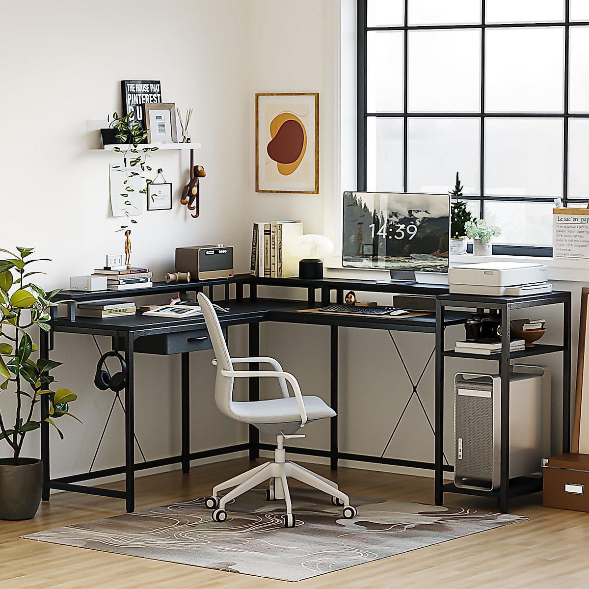 Jojoka 68" L Shaped Gaming Desk, Computer Desk with Power Outlets & LED Lights, Home Office Desk with File Drawer, Corner Desk with Monitor Shelf and Hook, Two Person Desk (Black)