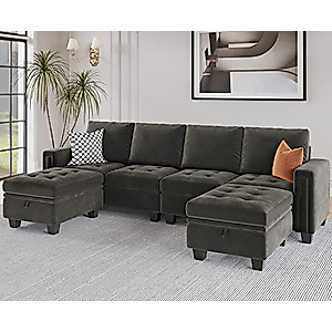 Belffin Velvet U Shaped Sectional Sofa Couch with Storage Ottoman Convertibel Sectional Sofa with Reversible Chaises Grey
