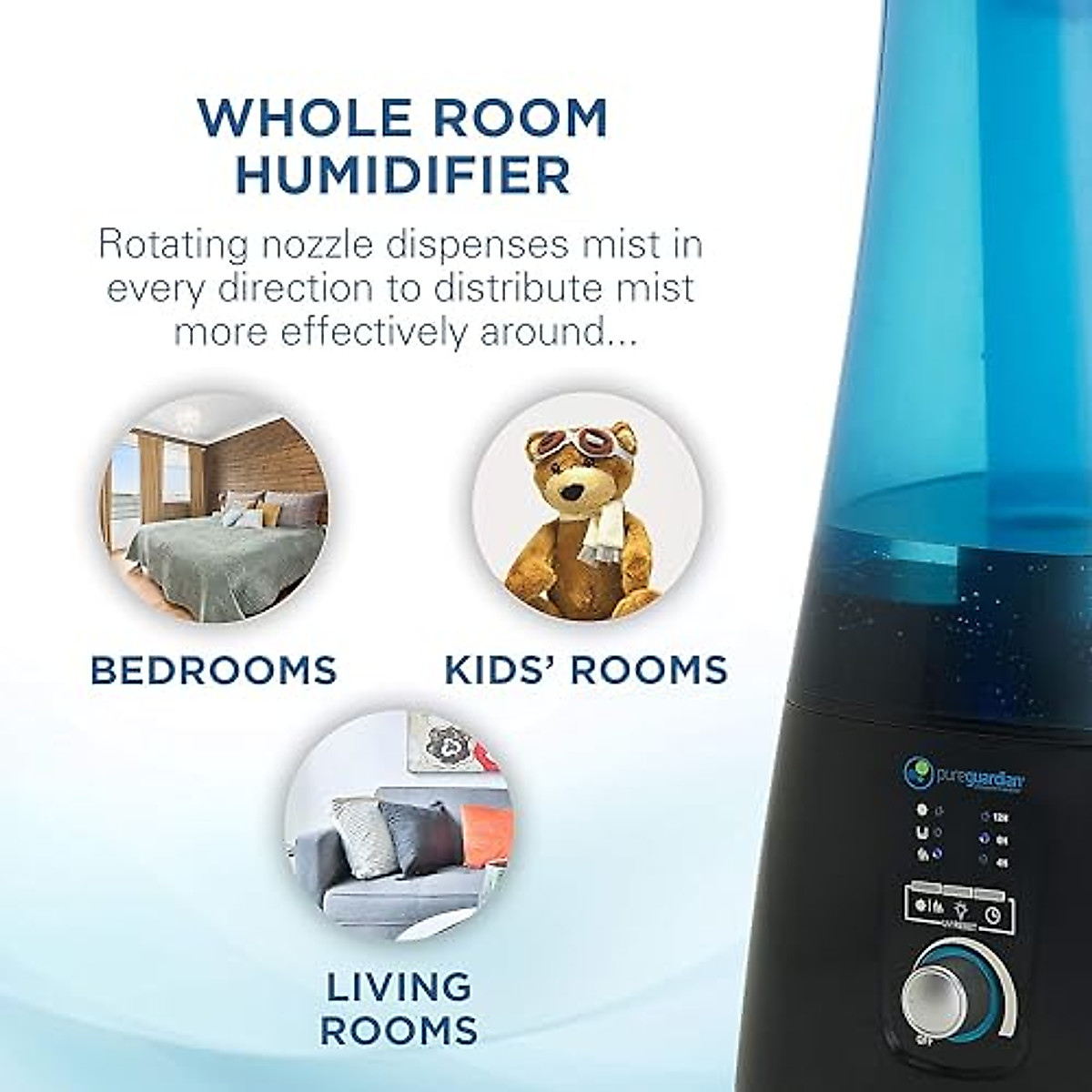 PureGuardian 2-Gallon Ultrasonic Warm and Cool Mist Humidifier with UV-C, Aromatherapy Tray, 100 Hours. Run Time, Covers 380 Sq. Ft., Quiet, Filter Free, Blue/Black, H5450BCA