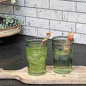 Vintage Textured Sage Green Striped Drinking Glasses Set of 6-13 oz Ribbed Glassware with Flower Design| Cocktail Set, Juice Glass, Water Tumbler