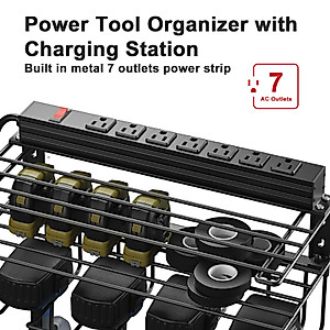Heavy Duty Tool Organizer with charging station, 3 Layers Garage Pegboard Tool Rack, Power Tool Organizer Wall Mounted with 7 -Hole outlets Surge Protector, 4 Power Drill