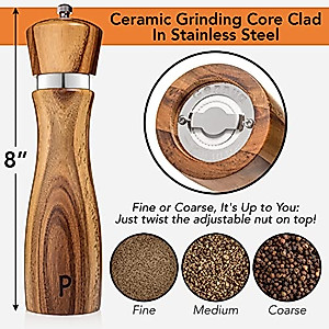 Gennua Kitchen Wooden Salt and Pepper Grinder Set: Refillable Salt & Pepper Mills Adjust for Customized Coarseness, Crafted of Solid Acacia Wood with Ceramic/Stainless Steel Core, 8 Inches Each