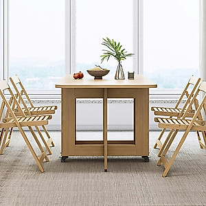 Dining Table Set, Solid Wood Drop Leaf Table, Extendable Moveable Folding Table with Wheels and 4 Chair, Saving Space, Round Edge Design, for Kitchen Dining Room
