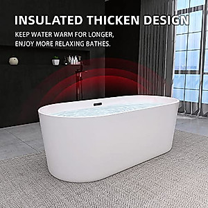 Rizzon Acrylic Free Standing Tub 58" Freestanding Bathtub with cUPC Certified Anti-Cracked Soaking Tub with Brass Drain and Classic Stainless Steel Slotted Overflow Glossy White 58"x28"