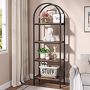 LITTLE TREE 4-Tier Arched Bookshelf, Tall Open Bookcase Storage Shelves, Wood Metal Freestanding Display Rack Tall Shelving Unit for Home Office, Bedroom, Living Room, Rustic Brown