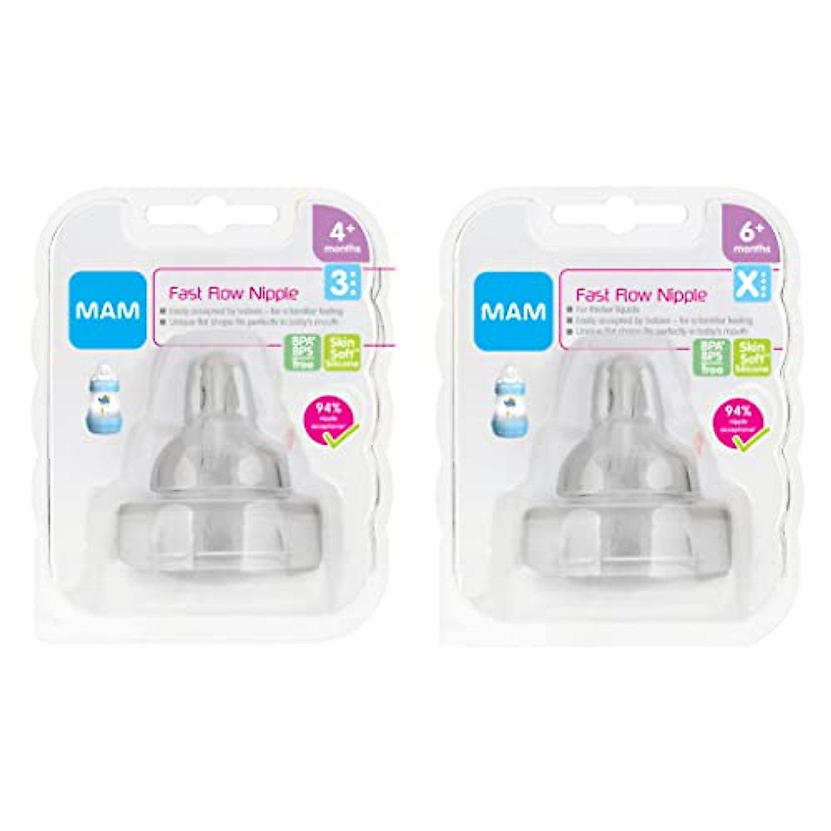 MAM Bottle Nipples Fast Flow Nipple Level 3 & Extra Fast Flow Nipple Level 4 (Set of 4), for 4+ and 6+ Months, SkinSoft Silicone Nipples for Baby Bottles, Fits All MAM Bottles