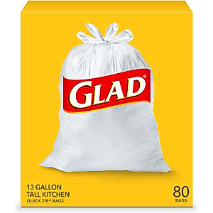 GLAD Tall Quick-Tie Trash Bags, 13 Gallon White Trash Bags for Tall Kitchen Trash Can, 80 Count - Packaging May Vary