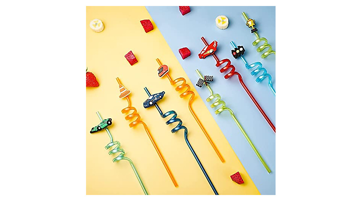 12Pcs Race Car Drinking Straws | Reusable Kids Party Supplies