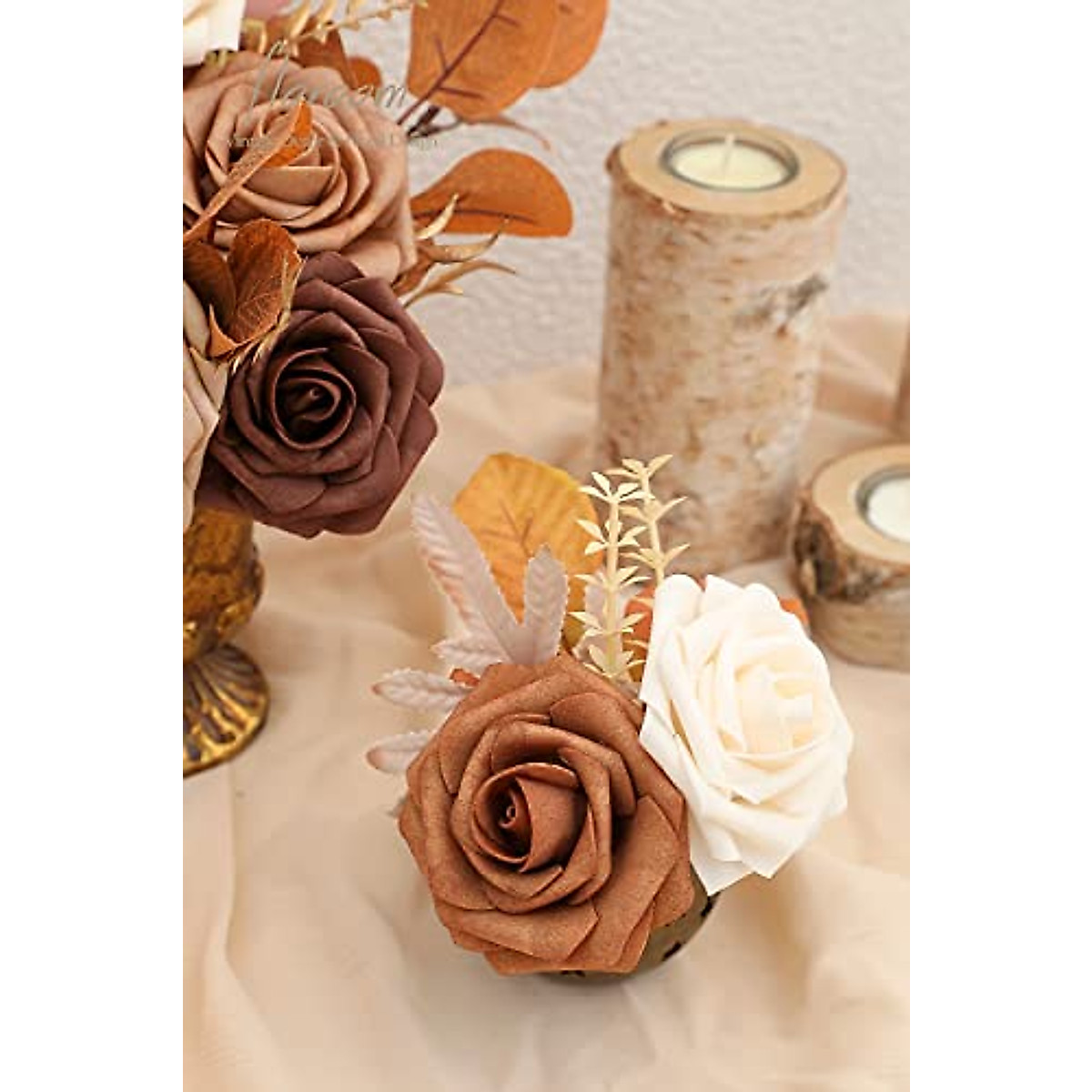 floroom Artificial Flowers 25pcs Real Looking Earth Tones Ombre Colors Foam Fake Roses with Stems for DIY Wedding Bouquets Bridal Shower Centerpieces Party Home Decorations
