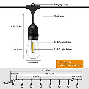 Voolex Outdoor String Lights, 2 Color Changing 52FT S14 Patio Lights Weatherproof, 15PCS Connectable Edison Bulbs, 11 Control Modes Hanging Lights