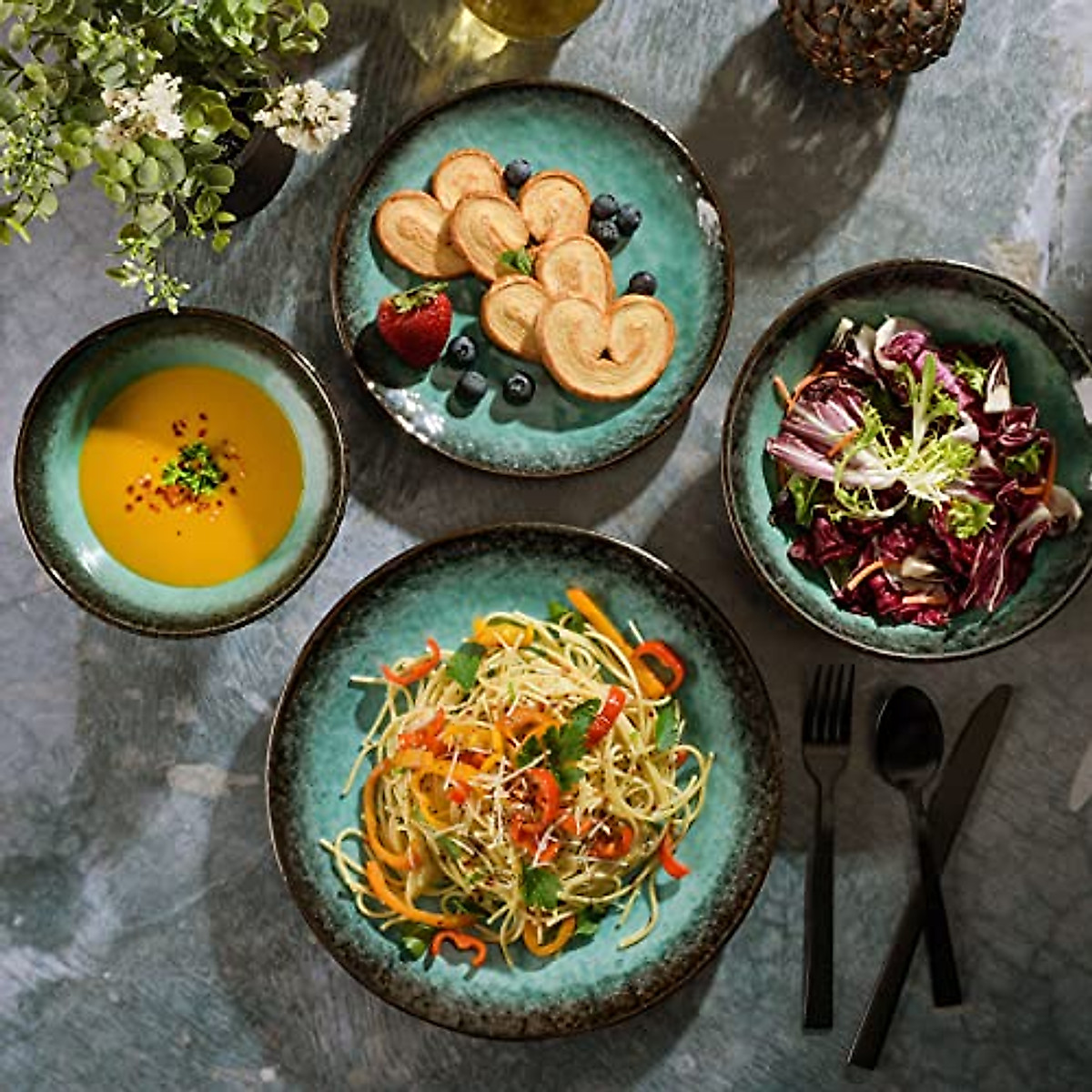 Gibson Elite Green Lantern 16 Piece Double Bowl Dinnerware Set, Teal