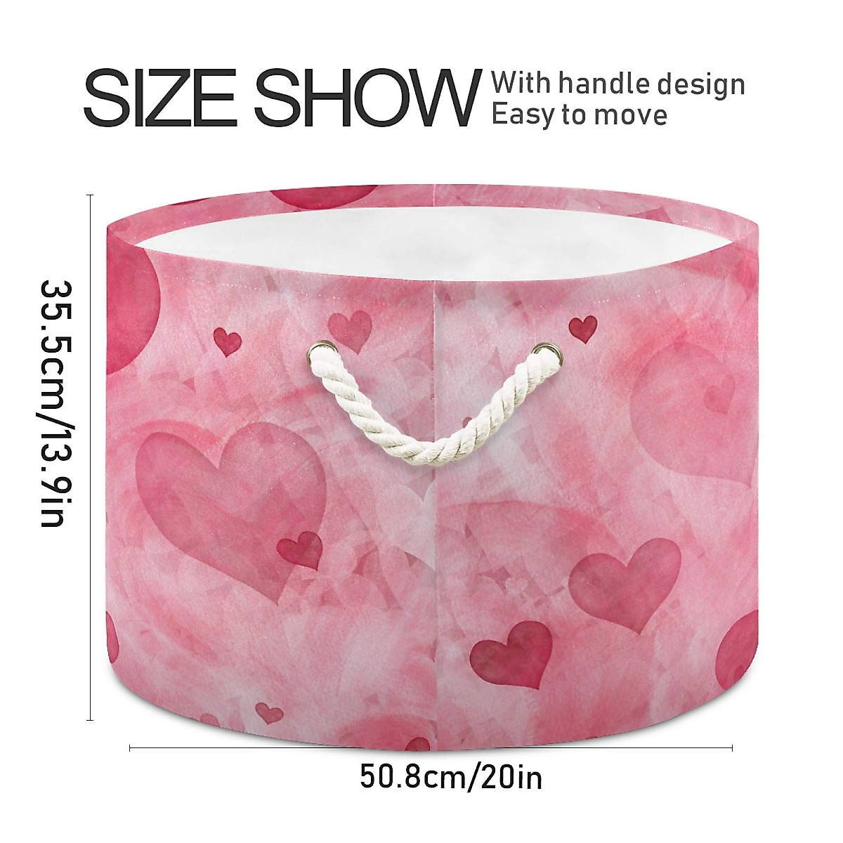 ALAZA Large Storage Basket for Toys Valentine's Day Red Heart Round Blanket Basket Laundry Hamper Canvas Organizer Bin Box Cotton Rope Collapsible Bucket Pillow Home Decor