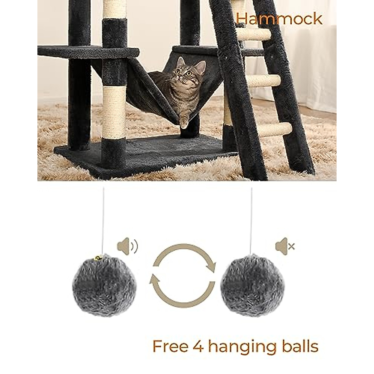 FourFurPets Cat Tree for Indoor Cats, 63in Cat Tower, Cat Condo, Two Cat Perch, Wwo Cat Caves, Two Cat Basket, Sisal Scratching Stairs, Toys, Smoky Gray