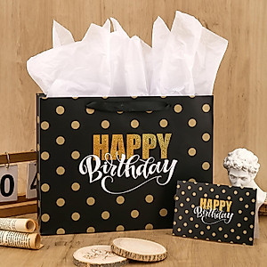 CAMKUZON Black Birthday Gift Bag with Card and Tissue Paper - Gold Foil Happy Birthday & Polka Dot Design - Large Gift Bags for Birthday Party, 13" X 10" X 5"