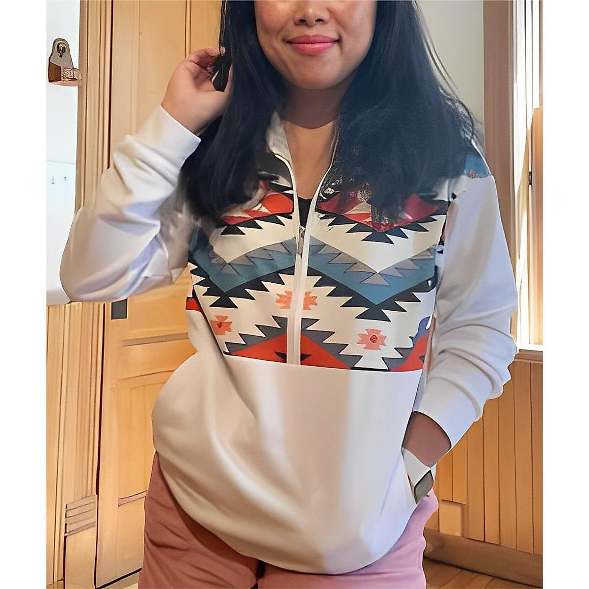 Fronage Women's Half Zip Sweatshirt Western Aztec Sweater, Casual Long Sleeve Mexico Ethnic Graphic Pullover Tops White, L
