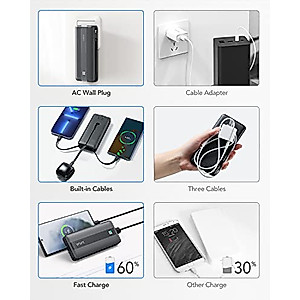 VRURC Portable Charger with Built-in Cables & AC Wall Plug, 22.5W Fast Charging 10000mAh Battery Pack(QC4.0 & PD3.0), USB C Power Bank with 4 Output 2 Input, Compatible with iPhone Samsung Android etc