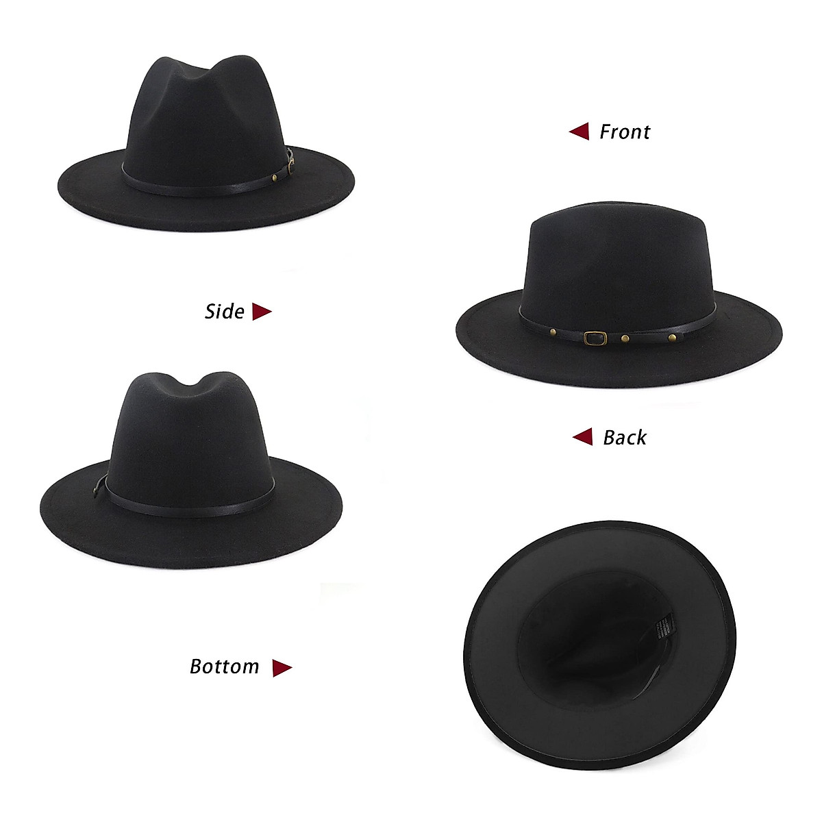 Womens Vintage Wide-Brim Fedora-Hat with Belt-Buckle Panama Hat for Women (Black 1pc, M:56-58cm/22.4-23.2inch)