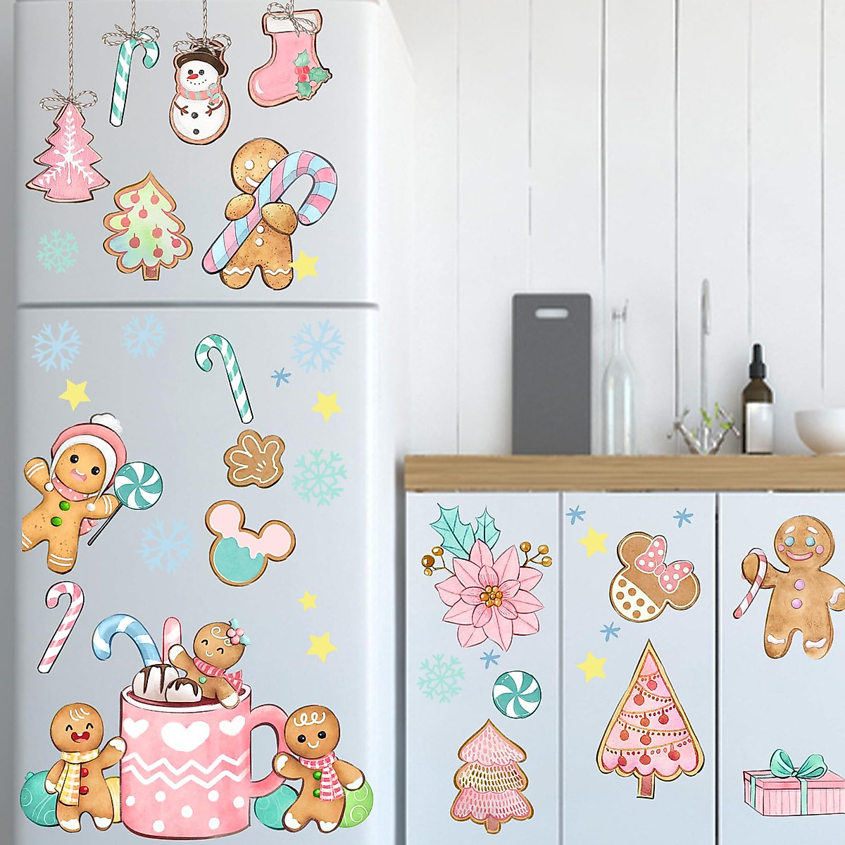 Mfault 148 PCS Merry Christmas Gingerbread Window Clings 9 Sheets, Xmas Ginger Bread Man Pink Candy Cane House Stickers Decals Decorations, Winter Snowflake Living Room Home Kitchen Decor Holiday Gift