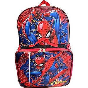 Ruz Spiderman Boy's 16 Inch Backpack With Removable Matching Lunch Box (Black-Red)