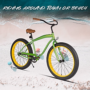 HH HILAND Adult Fat Tire Beach Cruiser Bike, Wide 26 x 3 Inch Wide Wheels, Single Speed Cruiser Bike with Coaster Brakes for Men Mens Women