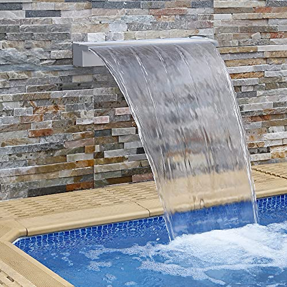 YITAHOME 48" Pool Fountain Stainless Steel Pool Waterfall with 7 Colors LED Light Changing Remote for Spillway, Swimming Pool, Outdoor Garden Decorations Transparent