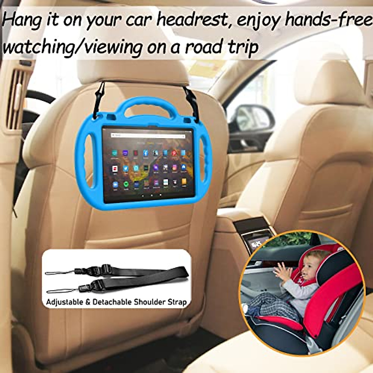 LTROP Kids Case for Fire HD 10 and Fire HD 10 Plus (11th Generation, 2021 Release) 10.1-Inch with Shoulder Strap, Light Weight Shockproof Kid-Proof Handle Stand Cover Case for Fire HD 10 2021, Blue