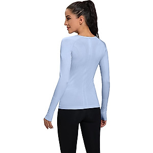 2 Pieces Women Long Sleeve Workout Shirt Seamless Workout Shirts with Thumb Holes Fitted Top Sports Yoga Athletic Shirt Top (Gray, Blue, X-Small)