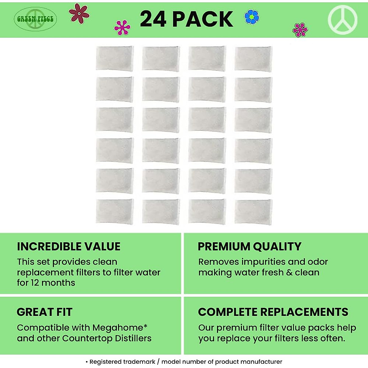 Green Piece® Activated Charcoal Water Filter Replacements - 24 Filters - Perfect For Most Countertop Water Distillers