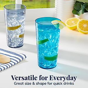 US Acrylic Café 20-ounce Plastic Restaurant Style Lightweight Stackable Beverage Tumblers | Reusable, BPA-free, Made in the USA, Top-rack Dishwasher Safe | Water Cups set of 16 in 4 Coastal Colors