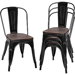 S AFSTAR 18 Inch Dining Chair Set of 4, Stackable Metal Chairs w/Wood Top Seat, Bistro Cafe Side Chair w/High Backrest for Kitchen Patio Restaurant Indoor (Black)