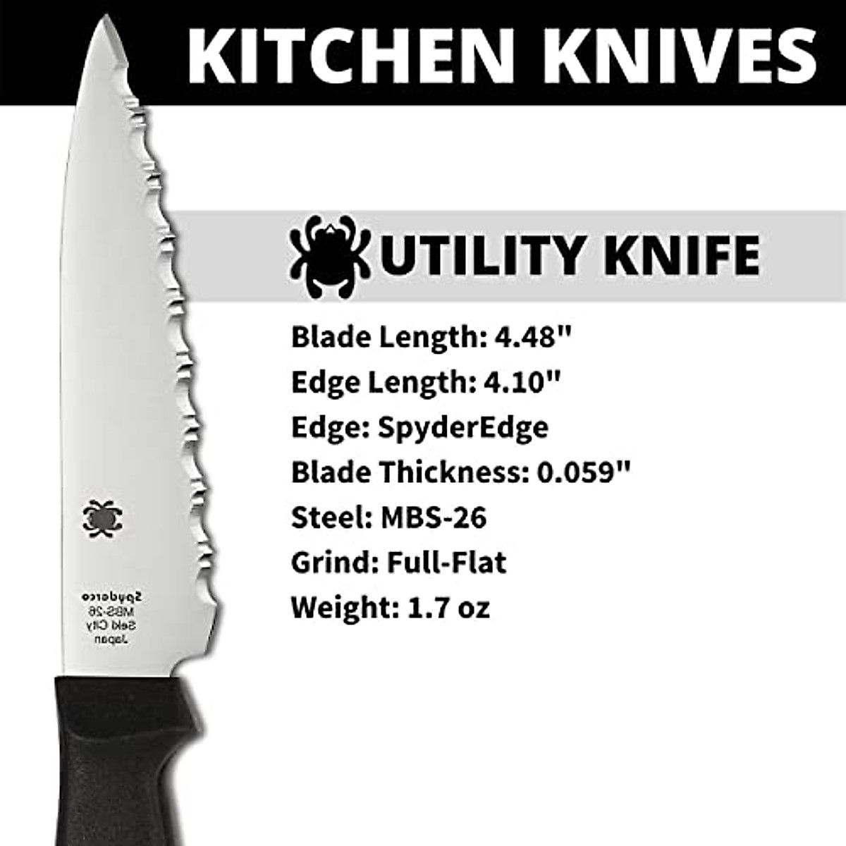 Spyderco Lightweight Kitchen Utility Knife with 4.5" MBS-26 Stainless Steel Blade and Black Polypropylene Plastic Handle - SpyderEdge - K05SBK