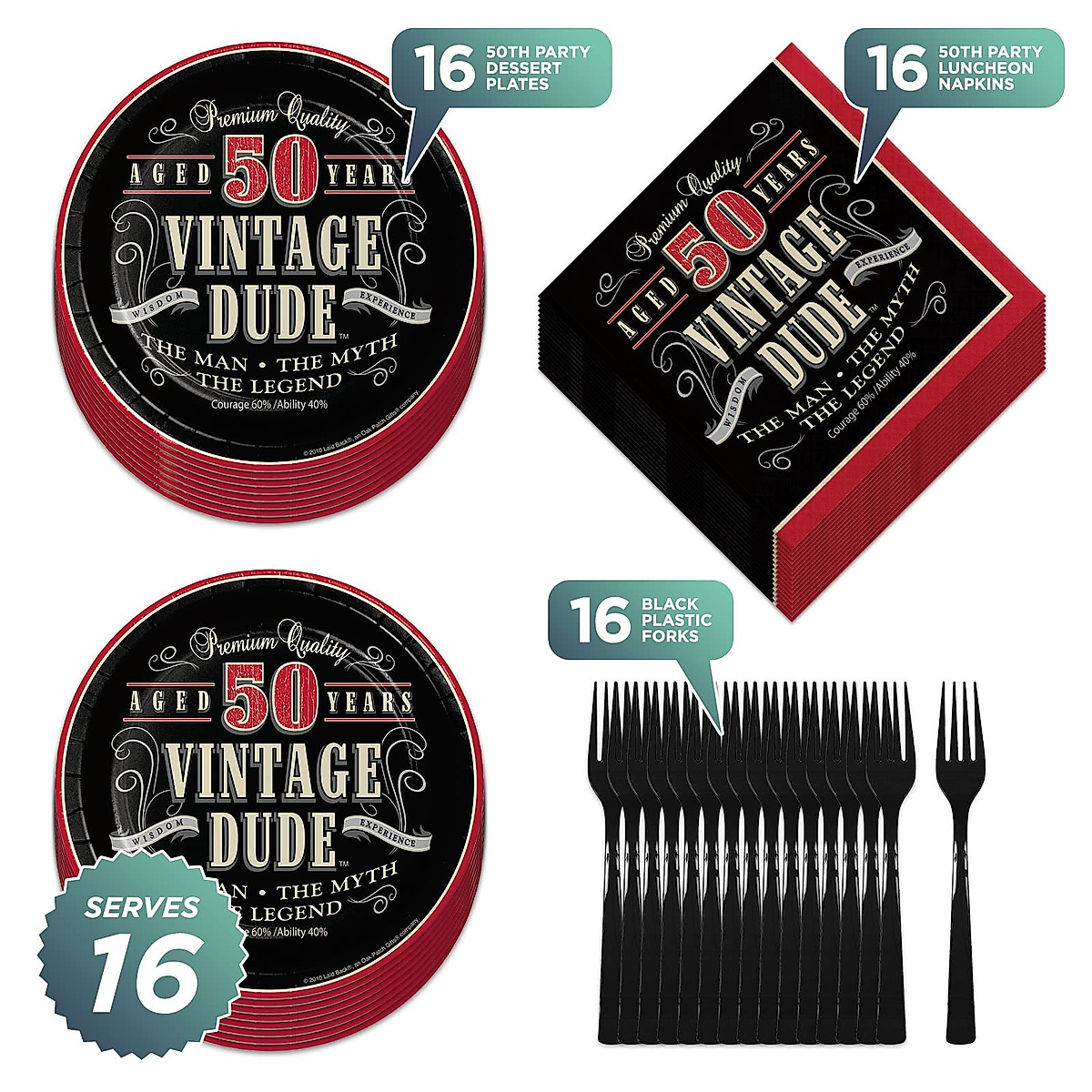 Vintage Dude 50th Birthday Party Supplies - 50th Milestone Dessert Plates, Napkins, and Forks (Serves 16) - Old Man Vintage Party Tableware