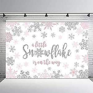 MEHOFOND 8x6ft Winter Snowflake Girl Baby Shower Photo Background Props Pink and Silver Backdrops Party Decoration Winter Wonderland Photo Photo Banner for Dessert Table Supplies