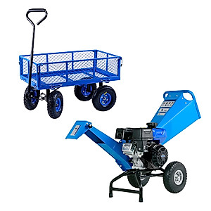 Landworks Wood Chipper Compact Rotor Assembly Design 3" Max Capacity & Heavy Duty Lawn/Garden Utility Cart/Wagon with Removable Side Meshes, 400 lbs [Bundle Deal]